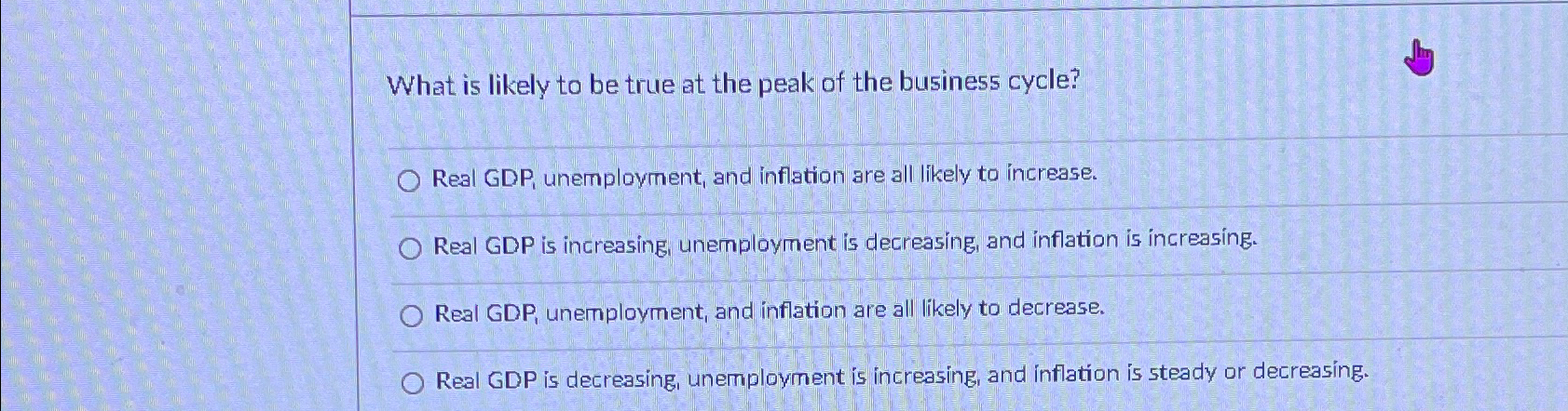 Solved What is likely to be true at the peak of the business | Chegg.com