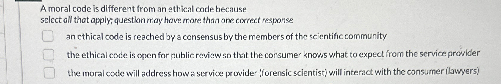 Solved A moral code is different from an ethical code | Chegg.com