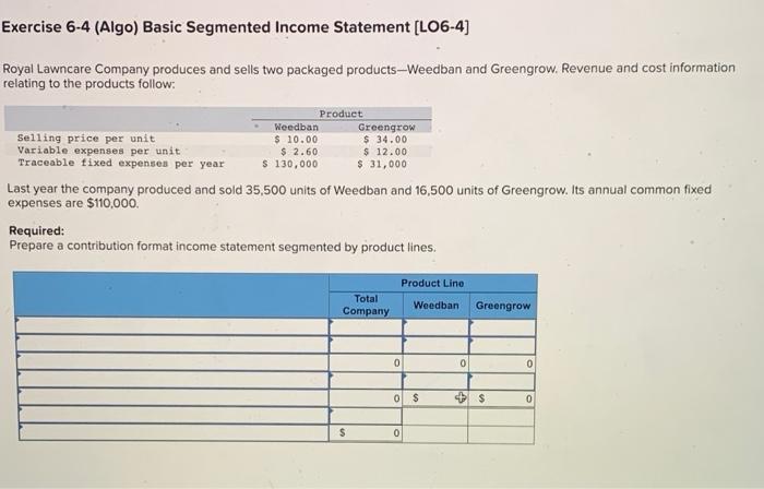 Solved Exercise 6-4 (Algo) Basic Segmented Income Statement | Chegg.com