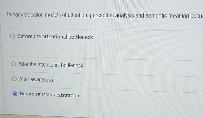 Solved In early selection models of attention, perceptual | Chegg.com