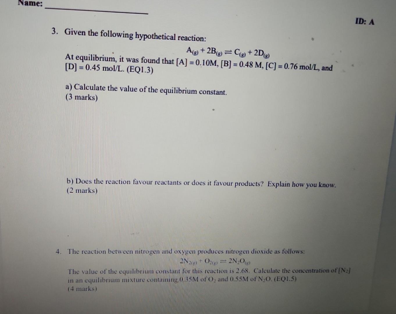 Solved 3. Given the following hypothetical reaction: A(g)+2 | Chegg.com