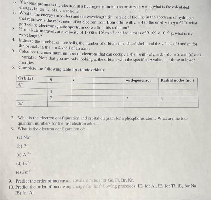 Solved 1. If a spark promotes the electron in a hydrogen | Chegg.com