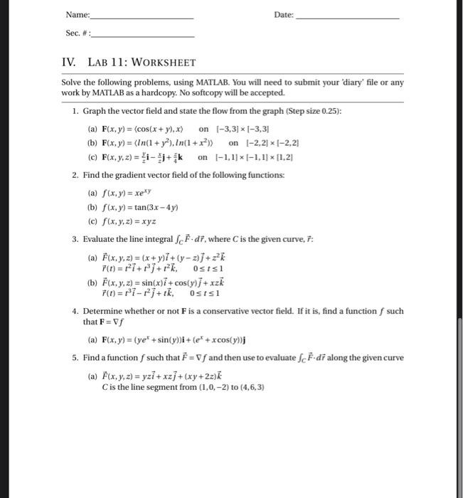 Name: Sec. #: Date: IV. LAB 11: WORKSHEET Solve the | Chegg.com