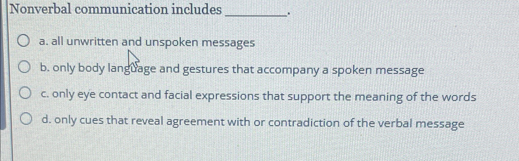 Solved Nonverbal communication includesa. ﻿all unwritten and | Chegg.com