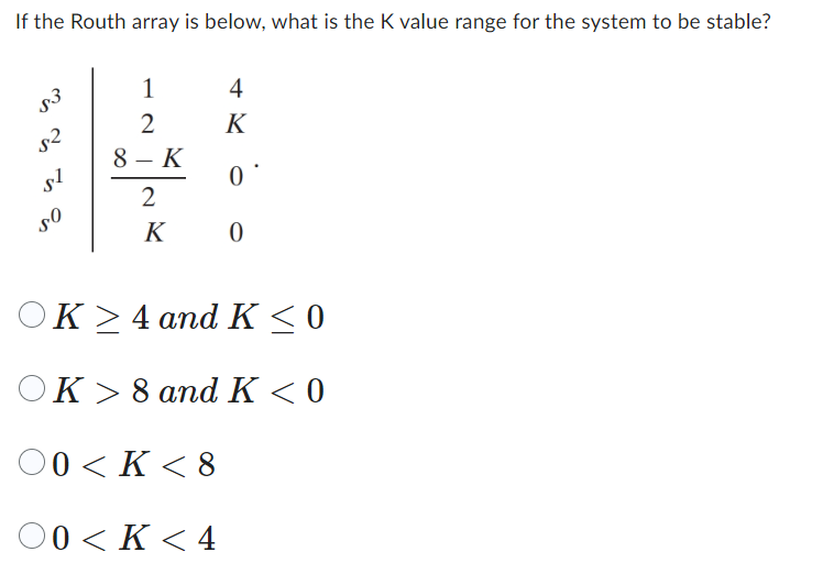 Solved If the Routh array is below, what is the K ﻿value | Chegg.com