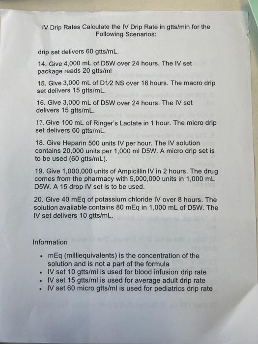 Solved IV Drip Rates Calculate The IV Drip Rate In Gtts min Chegg