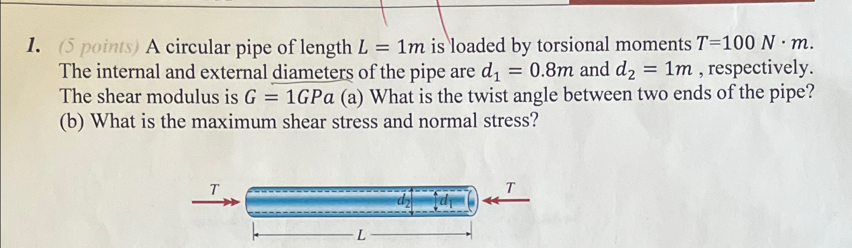 Solved (5 ﻿points) ﻿A circular pipe of length L=1m ﻿is | Chegg.com