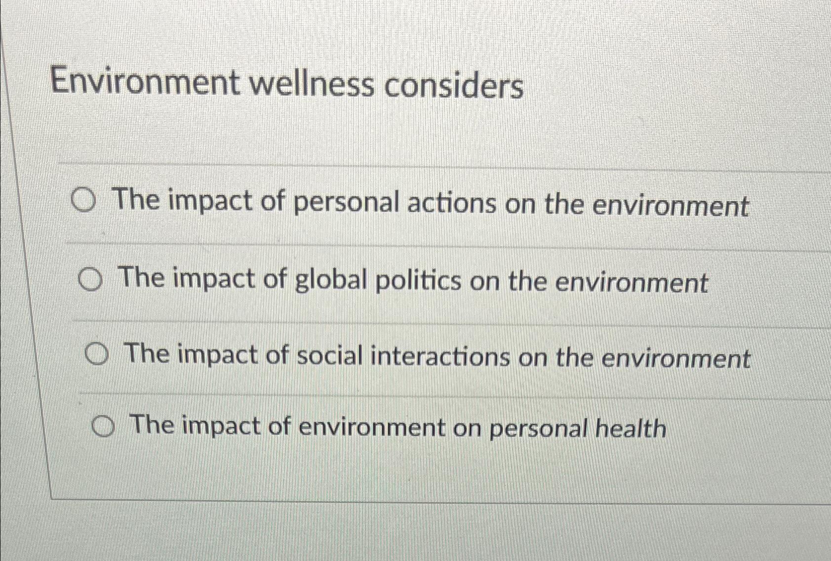 Solved Environment wellness considersThe impact of personal | Chegg.com