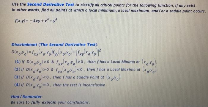 Solved Use the Second Derivative Test to classify all | Chegg.com