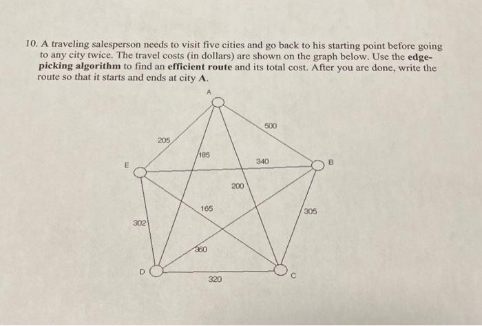 Solved 10. A traveling salesperson needs to visit five | Chegg.com