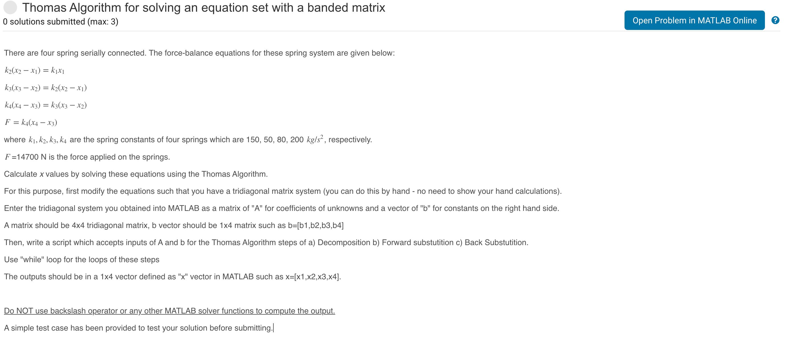 Solved Thomas Algorithm for solving an equation set with a | Chegg.com