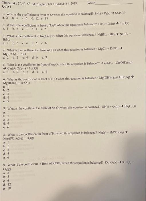 Solved Quiz. 1 1. What is the coefficient in front of Sr | Chegg.com