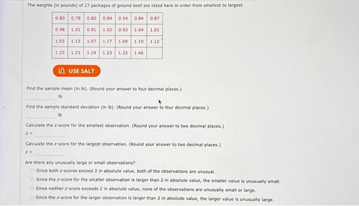 Solved The weights (in pounds) of 27 packages of ground beef | Chegg.com
