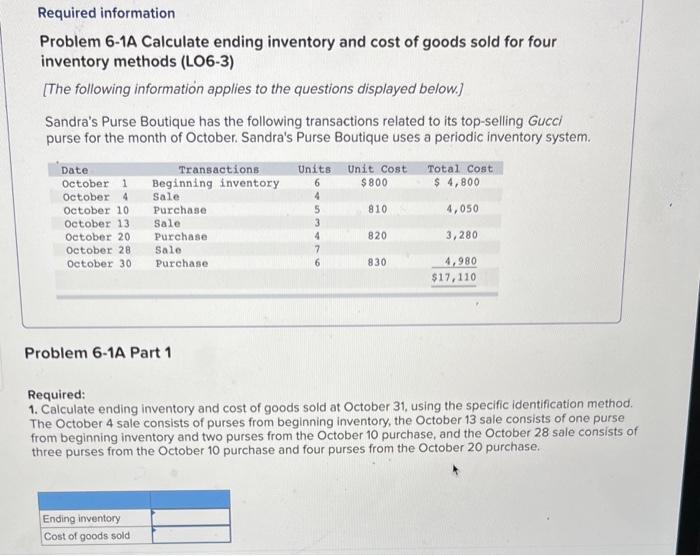 Solved Problem 6-1A Calculate ending inventory and cost of | Chegg.com