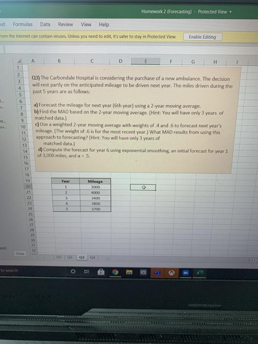 Solved Homework 2 (Forecasting) - Protected View ut Formulas | Chegg.com