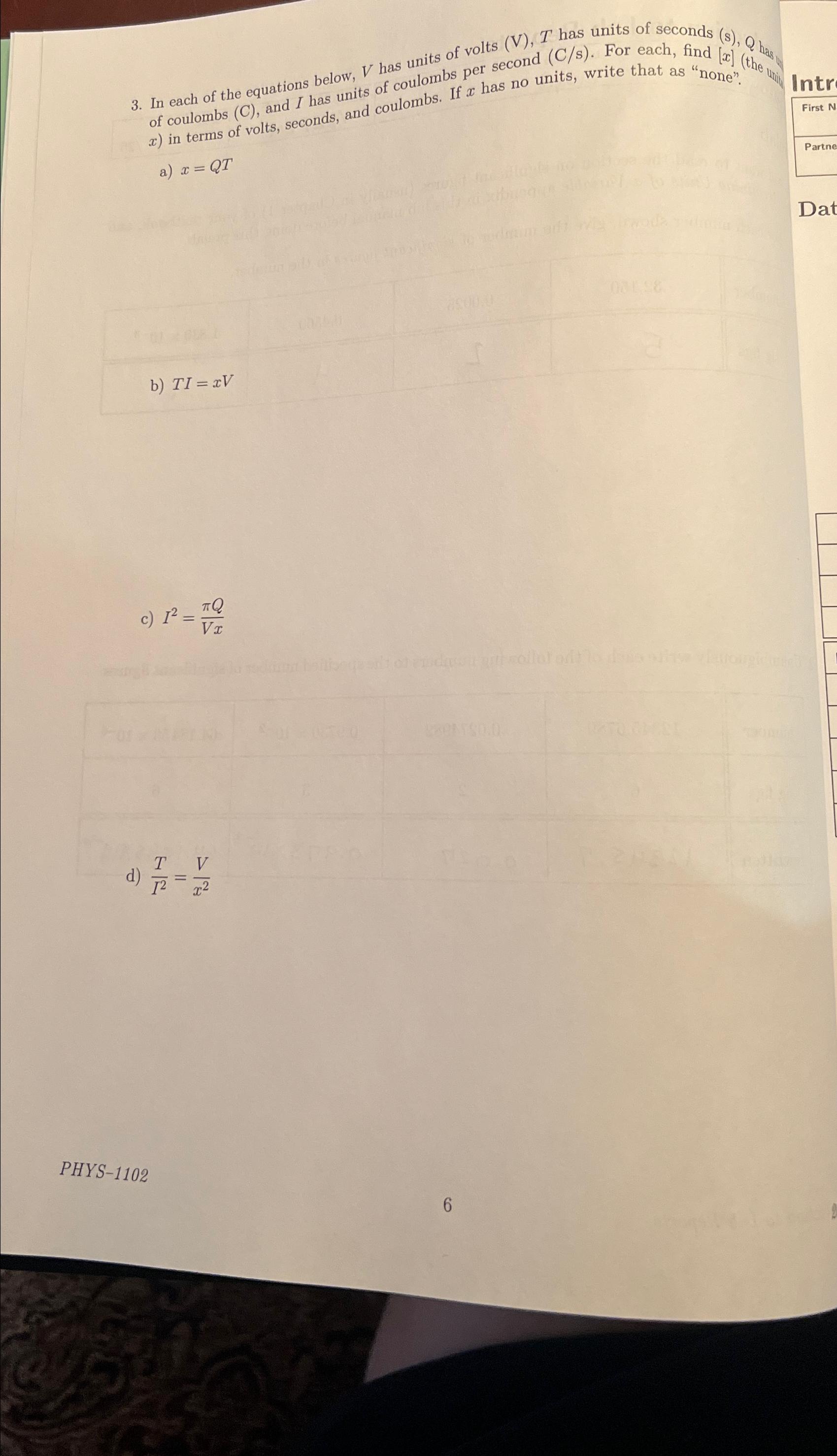 Solved In each of the equations below, V has units of volts | Chegg.com