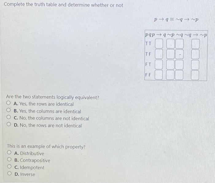 Solved Complete the truth table and determine whether or not | Chegg.com
