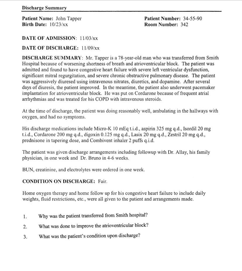 Solved Discharge SummaryPatient Name: John TapperPatient | Chegg.com