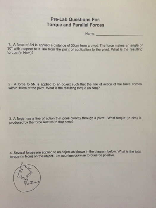 Solved Pre-Lab Questions For: Torque and Parallel Forces | Chegg.com