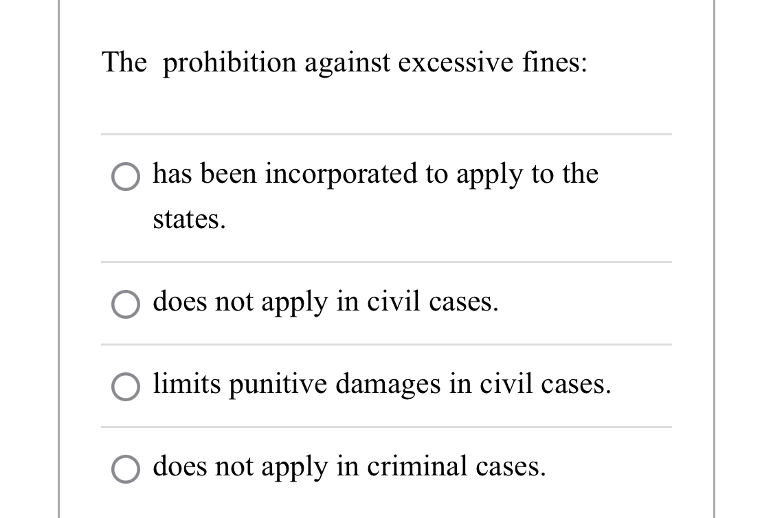 Solved The prohibition against excessive fines:has been | Chegg.com