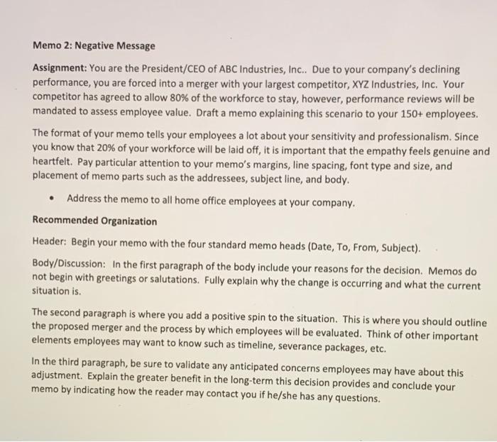 Solved Memo 2: Negative Message Assignment: You are the | Chegg.com