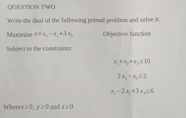 Solved QUESTION TWOWrite the dual of the following primal | Chegg.com