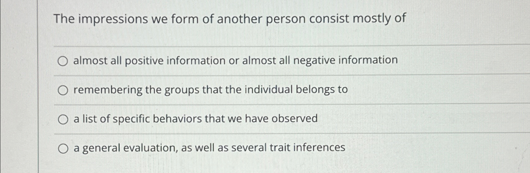 Solved The impressions we form of another person consist | Chegg.com