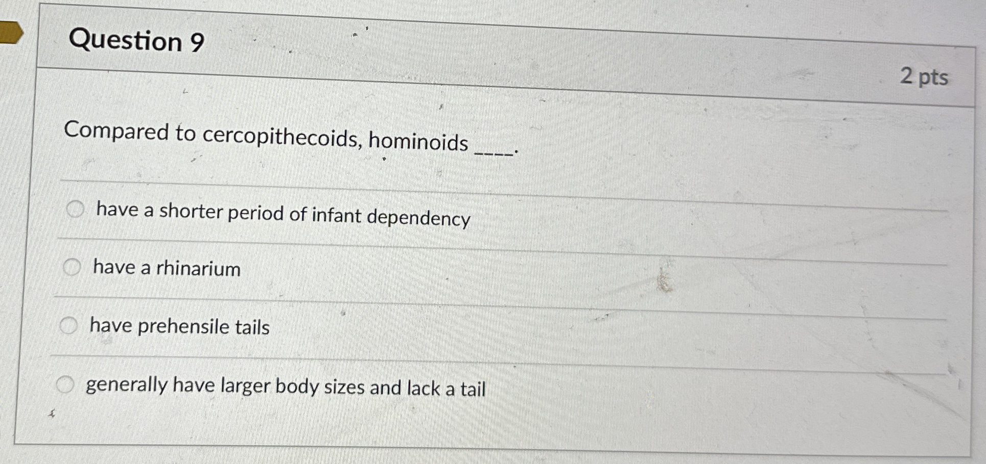 Solved Question 92 ﻿ptsCompared to cercopithecoids, | Chegg.com