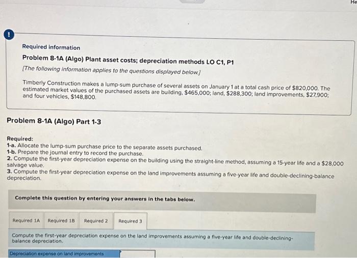 Solved Required information Problem 8-1A (Algo) Plant asset | Chegg.com