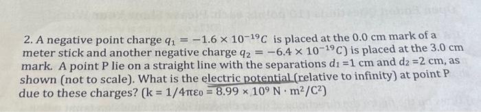 Solved 1. A negative point charge q1=−1.6×10−19C is placed | Chegg.com