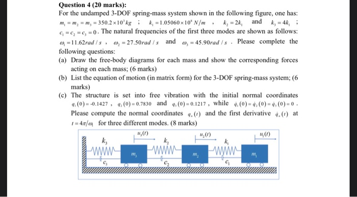 Solved Question 4 (20 marks): For the undamped 3-DOF | Chegg.com