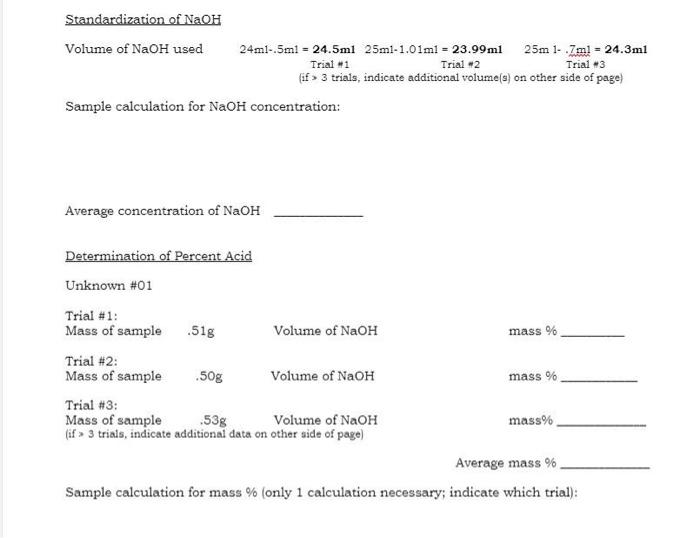 Solved Standardization of NaOH Volume of NaOH used Sample | Chegg.com