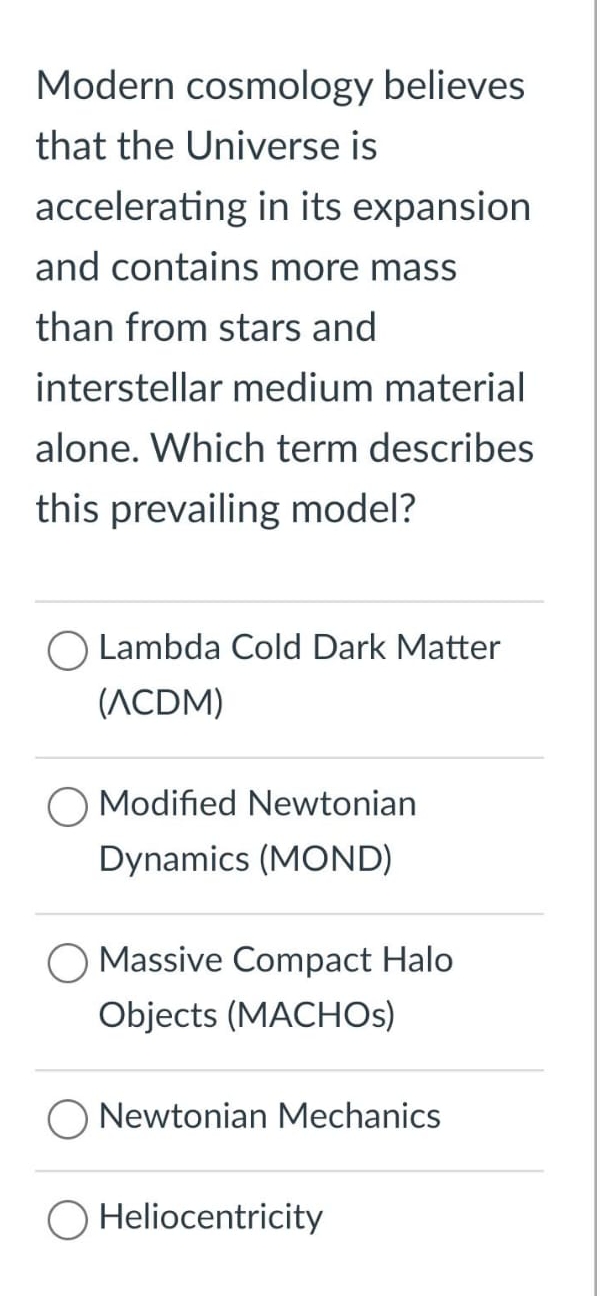Solved Modern cosmology believes that the Universe is | Chegg.com