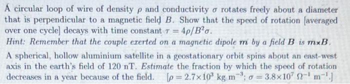 A circular loop of wire of density ρ and conductivity | Chegg.com