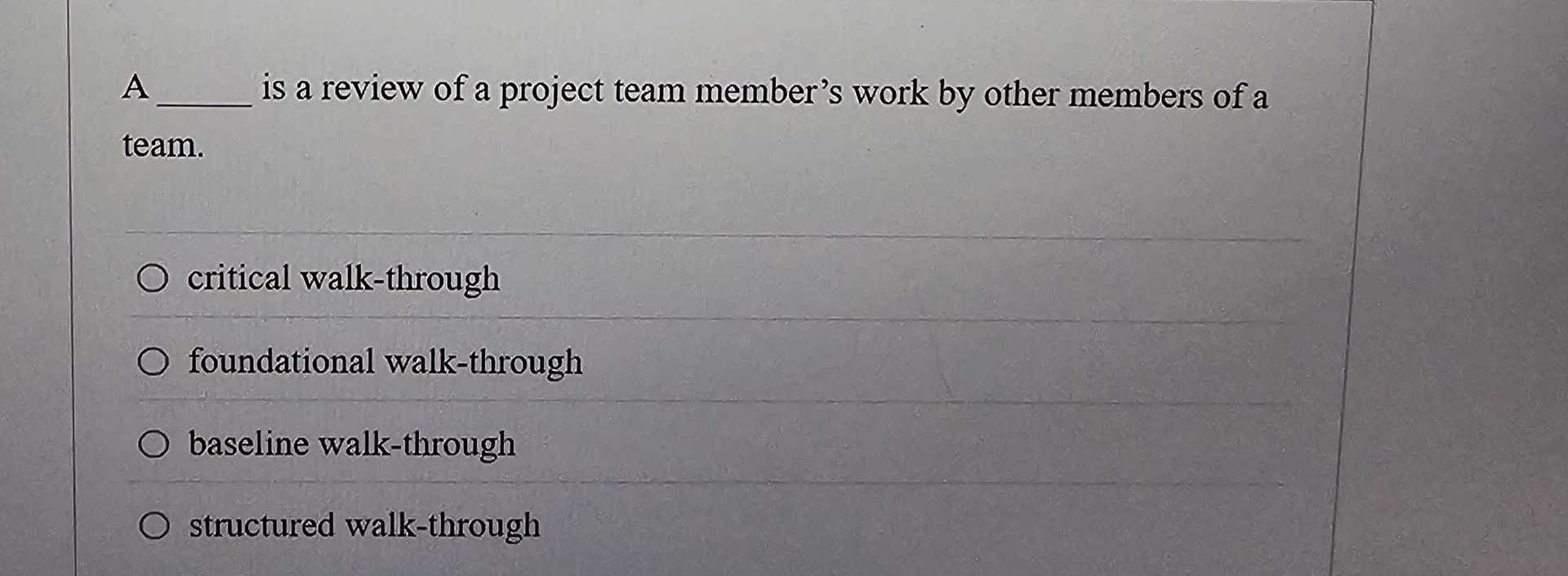 Solved A ﻿is a review of a project team member's work by | Chegg.com