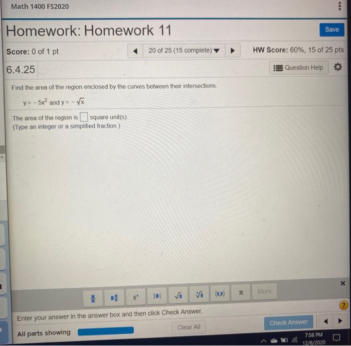 Solved Math 1400 FS2020 Homework: Homework 11 Save Score: 0 | Chegg.com