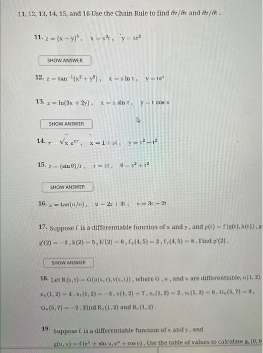 Solved 11,12,13,14,15, and 16 Use the Chain Rule to find | Chegg.com