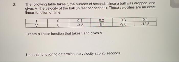 Solved 2. The following table takes t, the number of seconds | Chegg.com