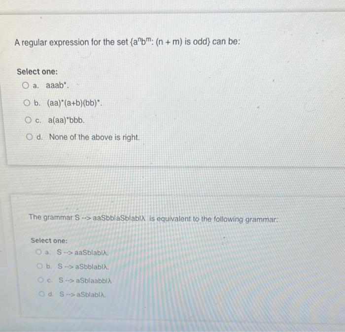 Solved A regular expression for the set {anbm:(n+m) is odd } | Chegg.com
