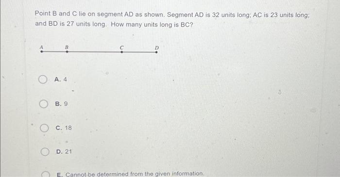 Solved Point B and C lie on segment AD as shown. Segment AD | Chegg.com