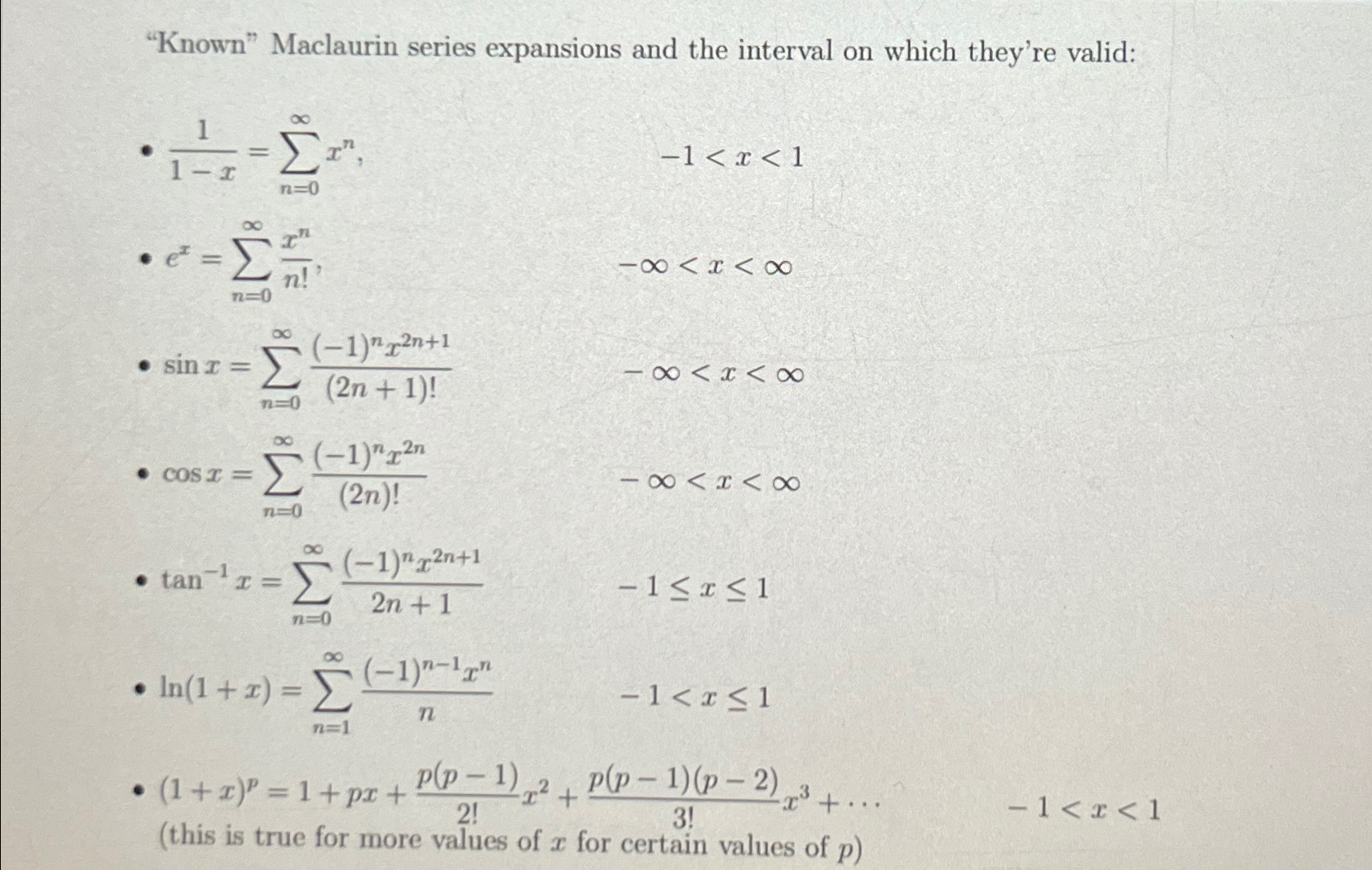 "Known" Maclaurin series expansions and the interval | Chegg.com