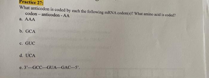 Solved Practice 27: What anticodon is coded by each the | Chegg.com