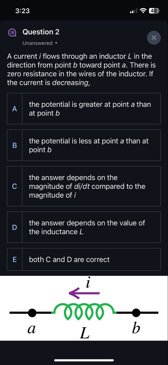 Solved 3:2348Question 2Unanswered •A current i flows through | Chegg.com