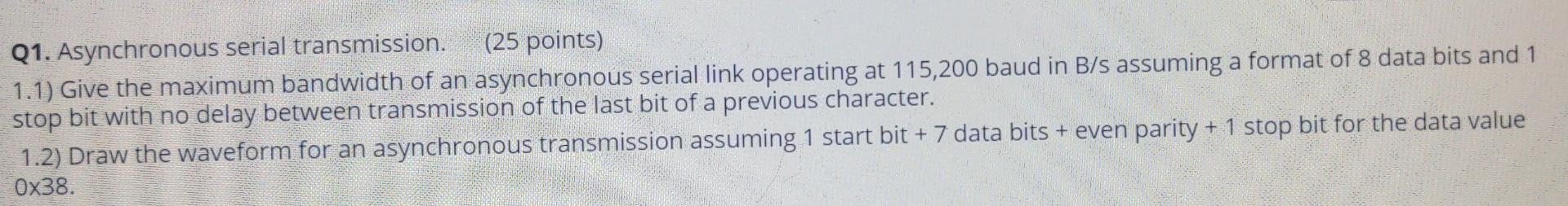 Solved Q1. Asynchronous serial transmission. (25 points) | Chegg.com