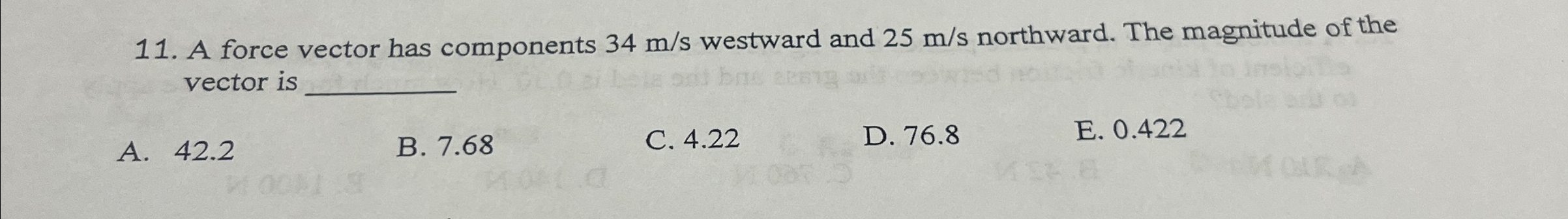 Solved A force vector has components 34ms ﻿westward and 25ms | Chegg.com