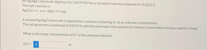Solved An Ag/AgCl electrode dipping into 1.00MHCl has a | Chegg.com