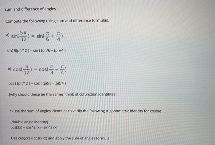 Solved sum and difference of angles Compute the following | Chegg.com