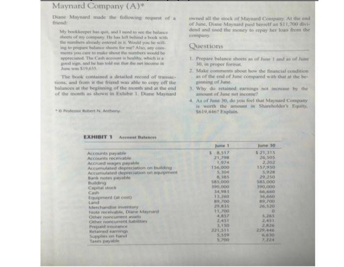 Solved Maynard Company (A) Diane Maynard made the following | Chegg.com