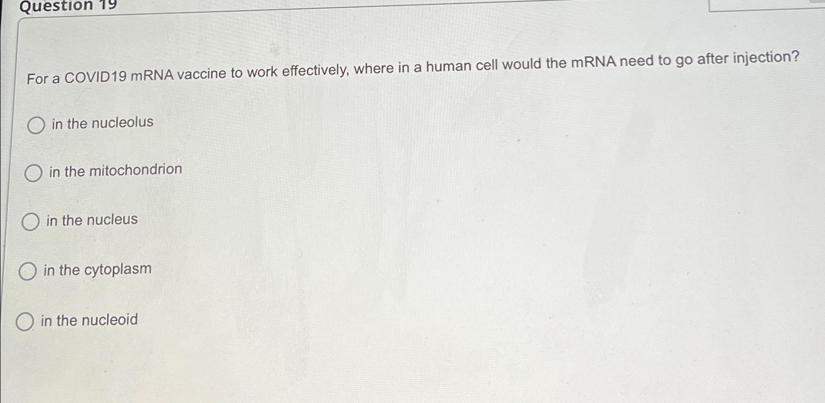 Solved Question 19For a COVID19 ﻿mRNA vaccine to work | Chegg.com