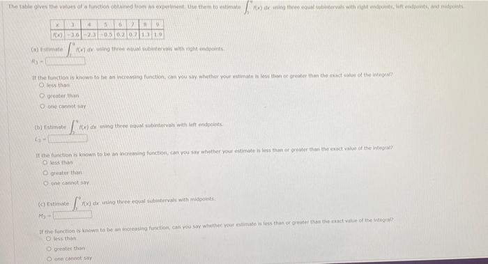 Solved T Xx) te using three equal subintervals with right | Chegg.com
